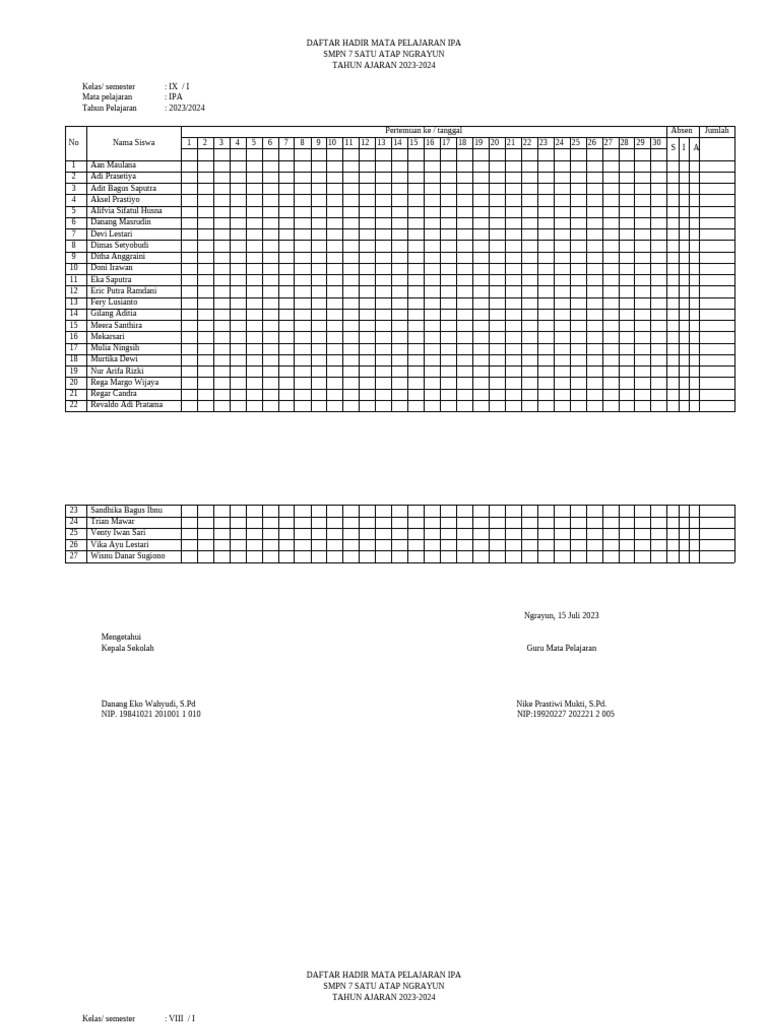 DAFTAR HADIR IPA 2023-2024 Siap Print | PDF