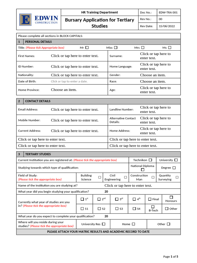 EDW-TRA 001 - Bursary Application For Tertiary Studies (Fillable) Rev ...
