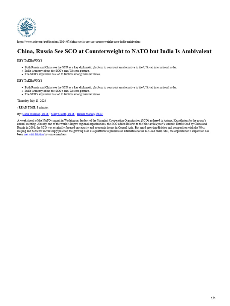 China Russia See SCO at Counterweight To NATO But India Is Ambivalent | PDF