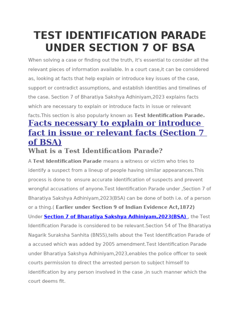 Test Identification Parade Under Section 7 of Bsa | PDF