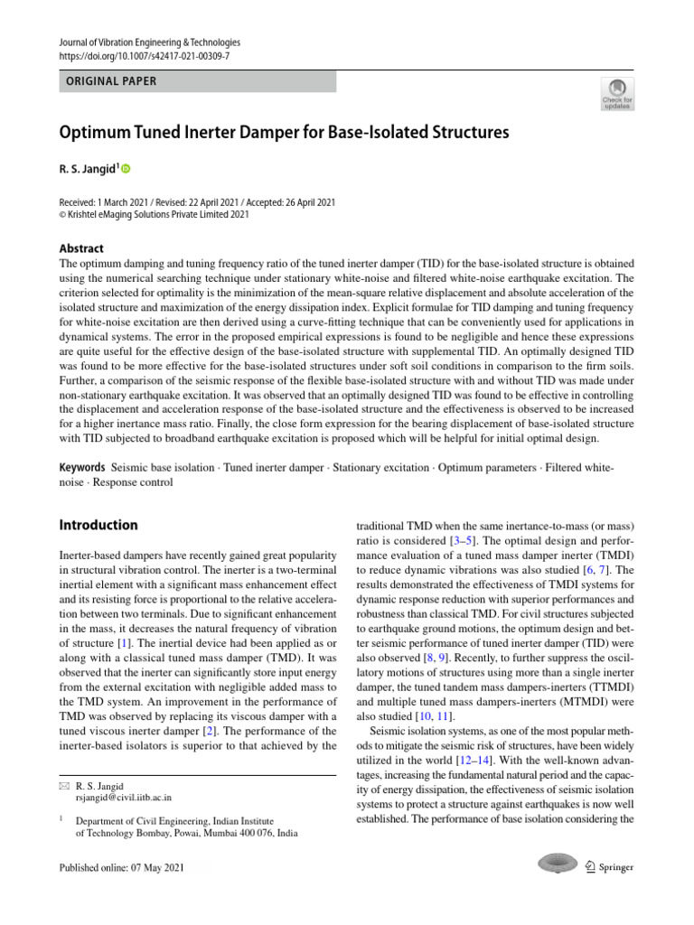 RS Jangid Optimum Tuned Inerter Damper For Base Isolated Structures | PDF