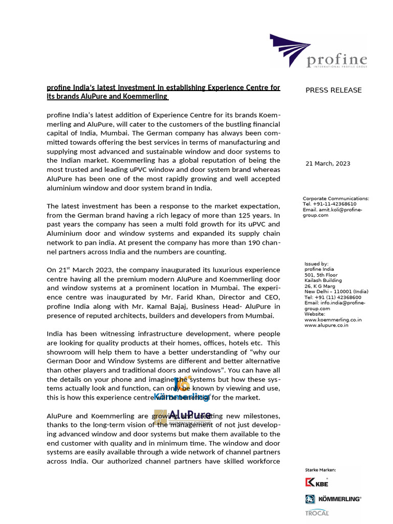 Profine India Experience Centre at Mumbai - March 2023 | PDF