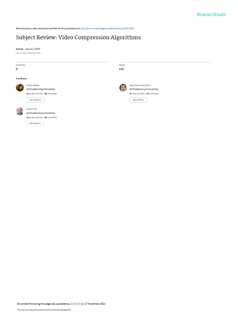 Subject Review: Video Compression Algorithms: January 2020 | PDF