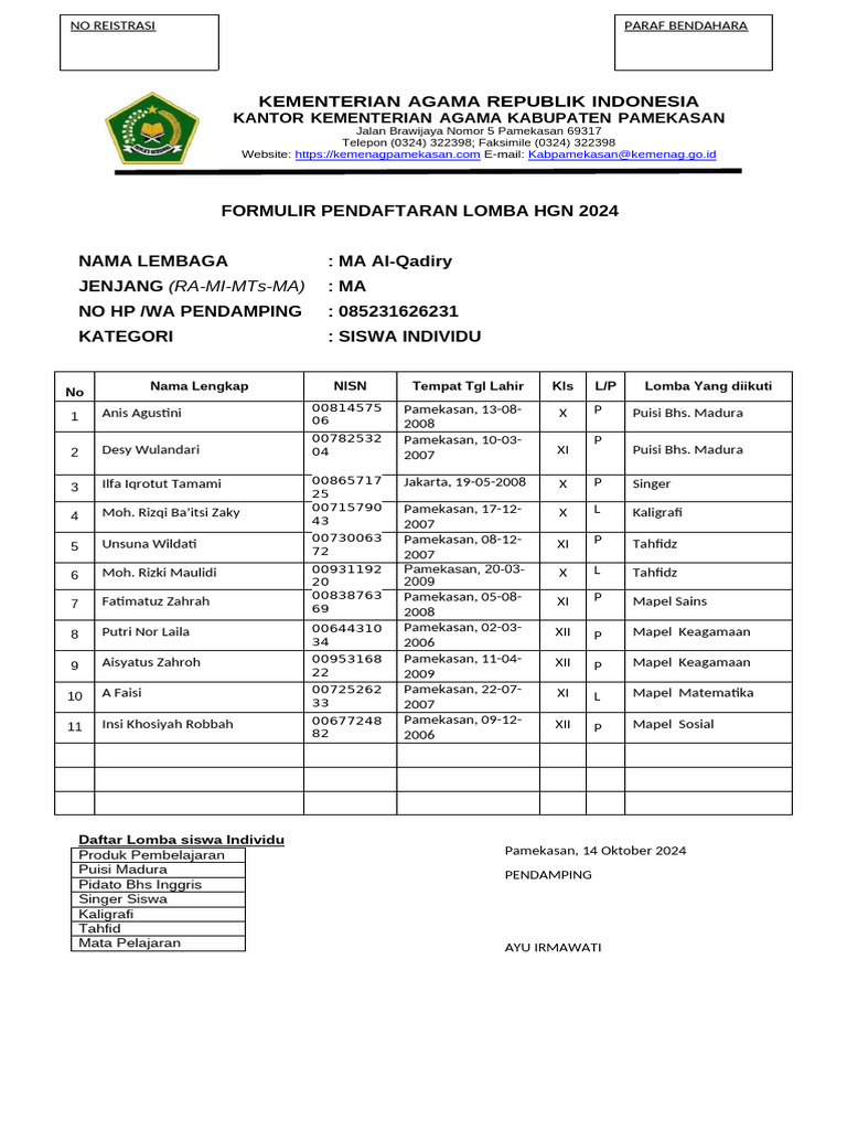 FORMULIR LOMBA HGN Individu MA Al-Qadiry-2024 | PDF