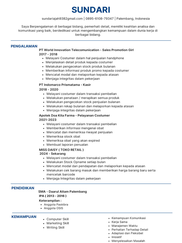CV Terbaru Sundari 2024 | PDF