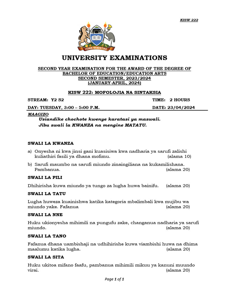 KISW 222 EXAM JANUARY - APRIL 2024 | PDF