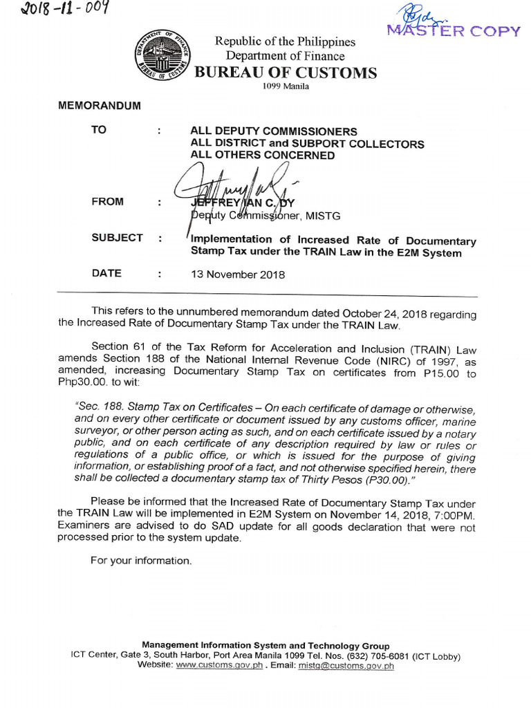 Mem-2018-11-009 Implementation of Increase Rate of Documentary Stamp Tax Under The Train Law in ...