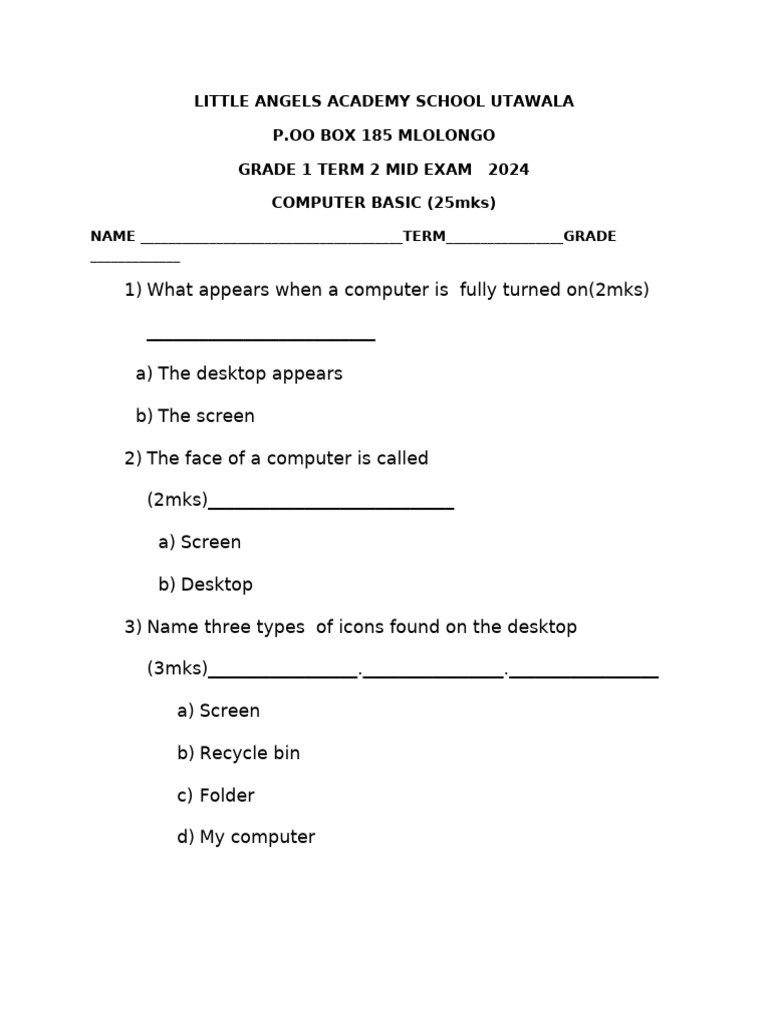 Grade 1 Term 2 Midterm Computer Exam 2024 | PDF