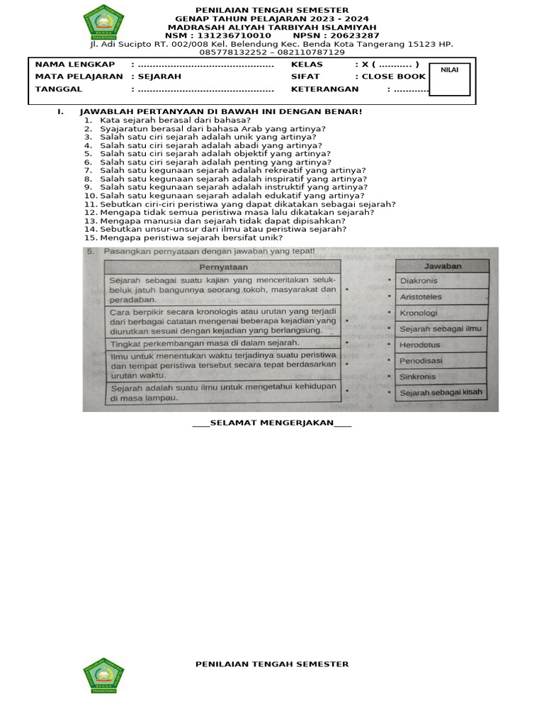 Soal PTS Sofyan 2024 | PDF