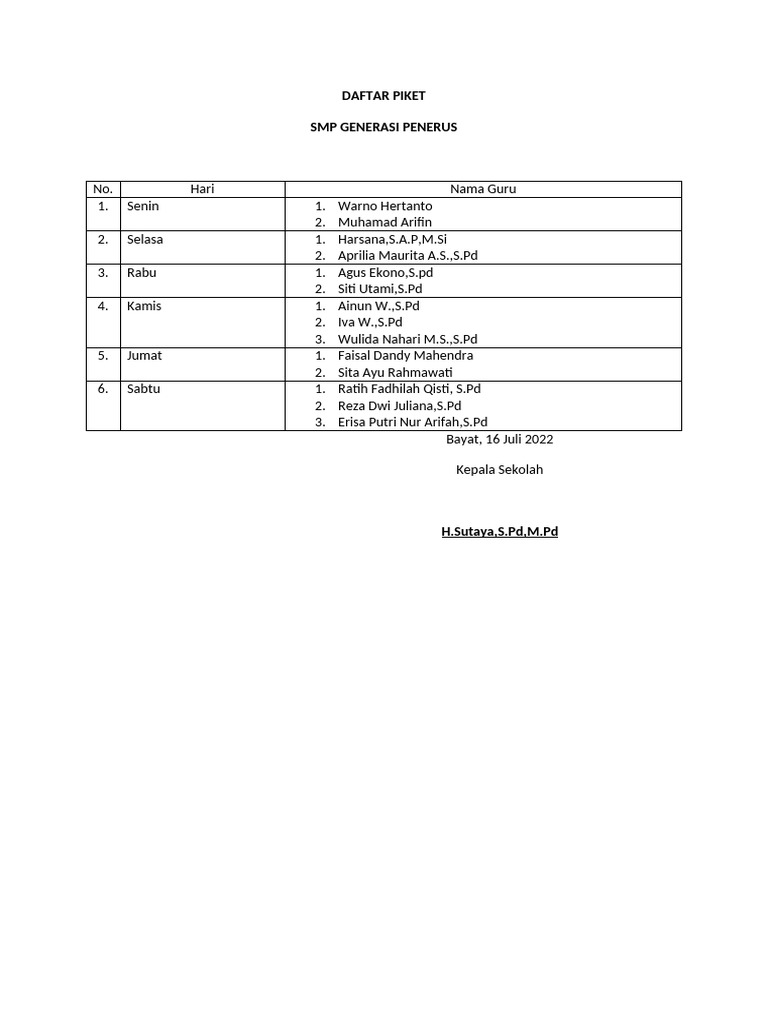 Daftar Piket | PDF