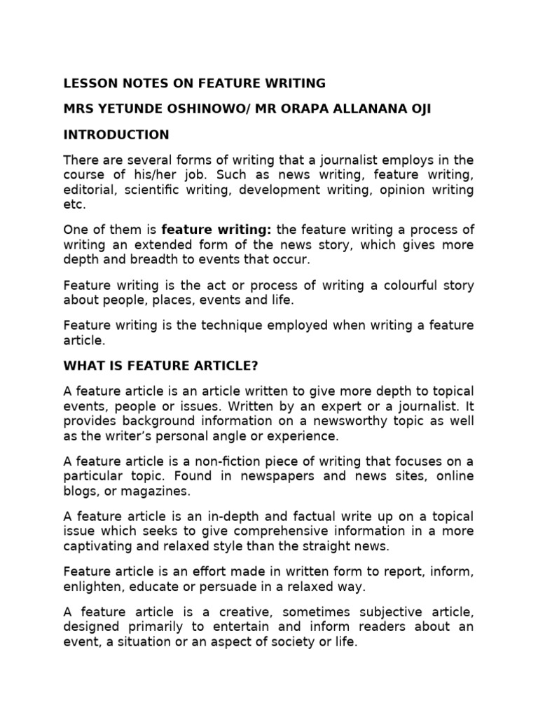 1 New April 2024 Lesson Notes On Feature Writing | PDF