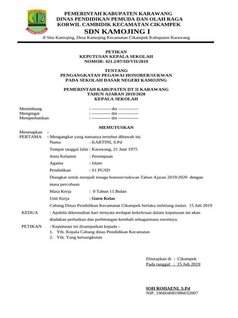 SURAT SK KEPSEK-Bu Tini | PDF