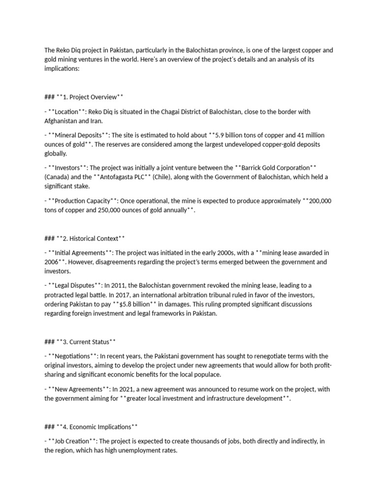 The Reko Diq Project in Pakistan | PDF
