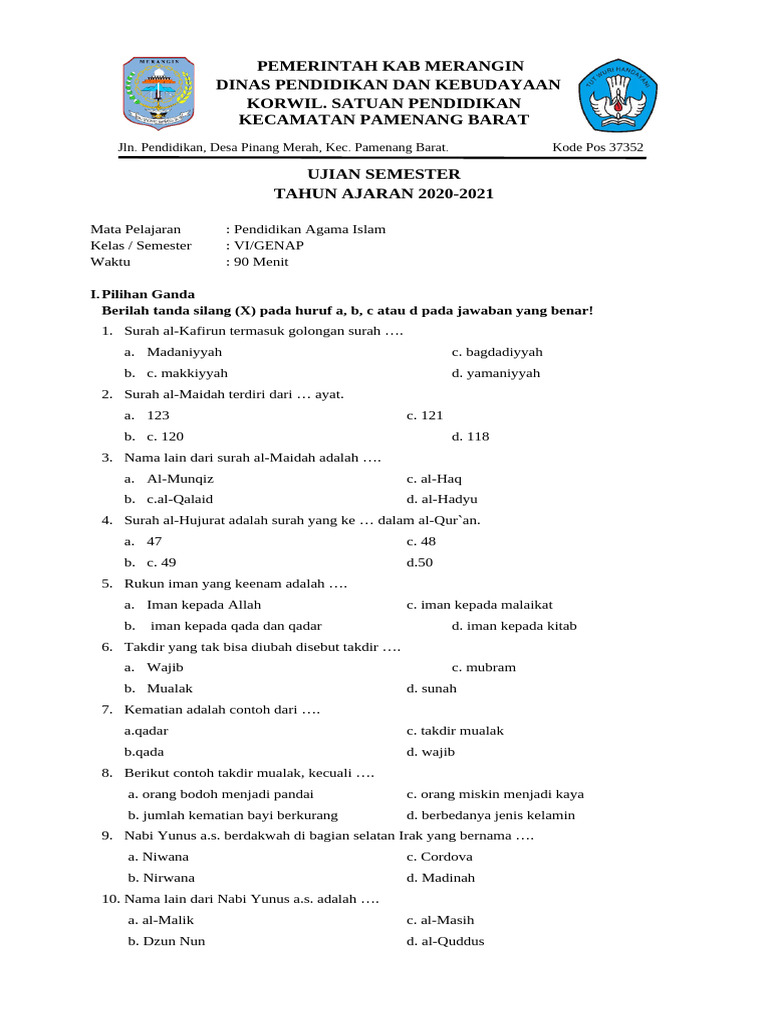 Soal Ujian Semester PAI KELAS 6 Pambar | PDF
