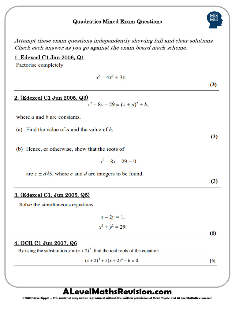 Quadratics Mixed Exam Qs | PDF