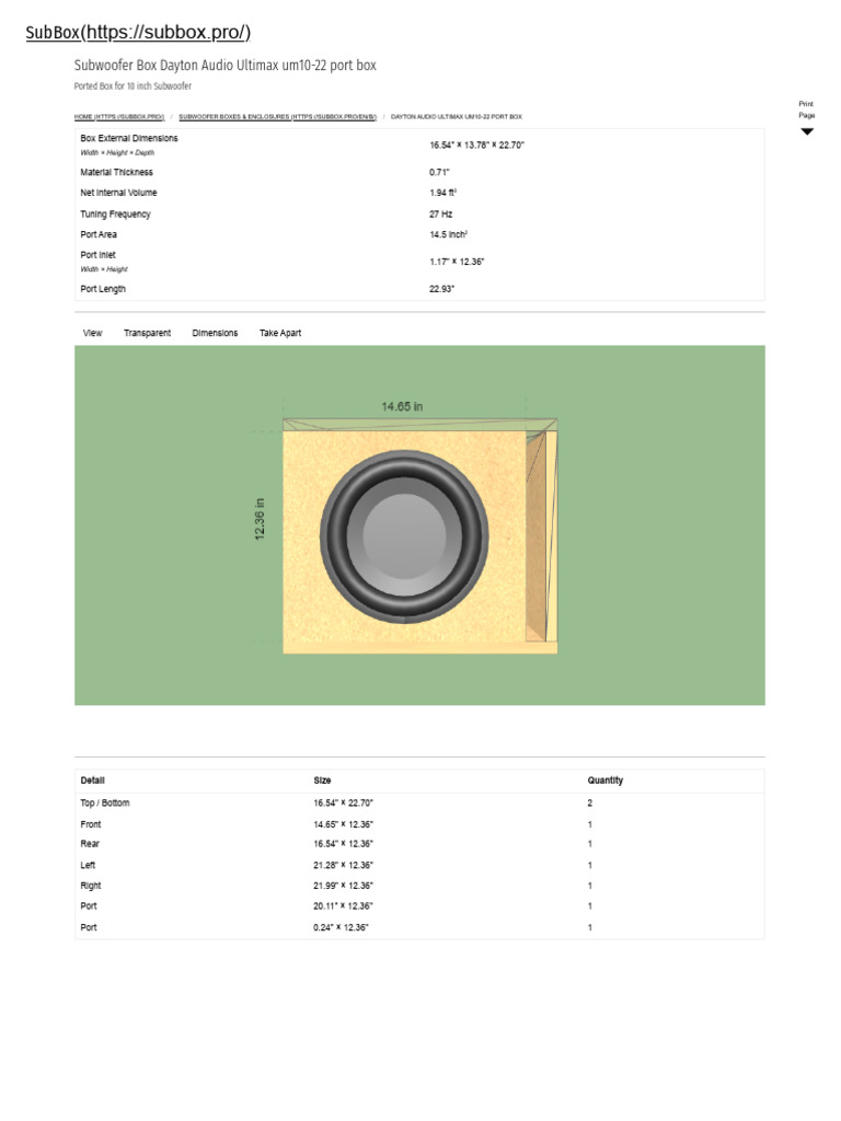 Subwoofer Box Dayton Audio Ultimax Um10-22 Port Box - Ported Box - Slot ...