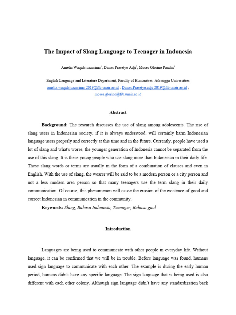 The Impact of Slang Language To Teenager in Indonesia | PDF