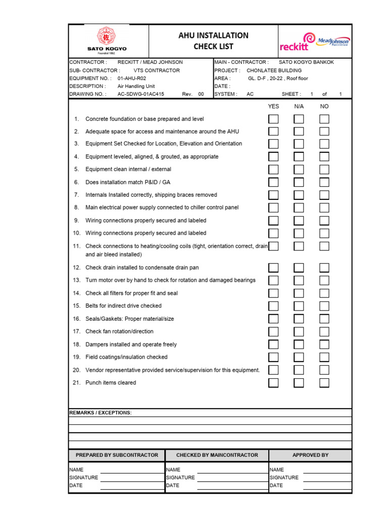 Ahu Check List - 001 | PDF