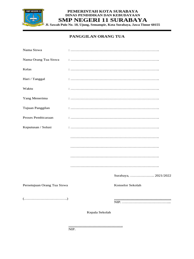 Form Panggilan Orang Tua 20202021 | PDF