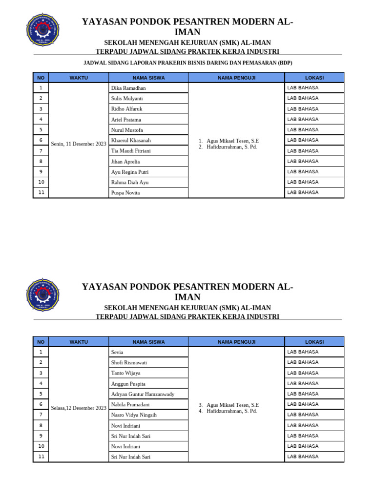 JADWAL SIDANG LAPORAN PRAKERIN TKRO | PDF