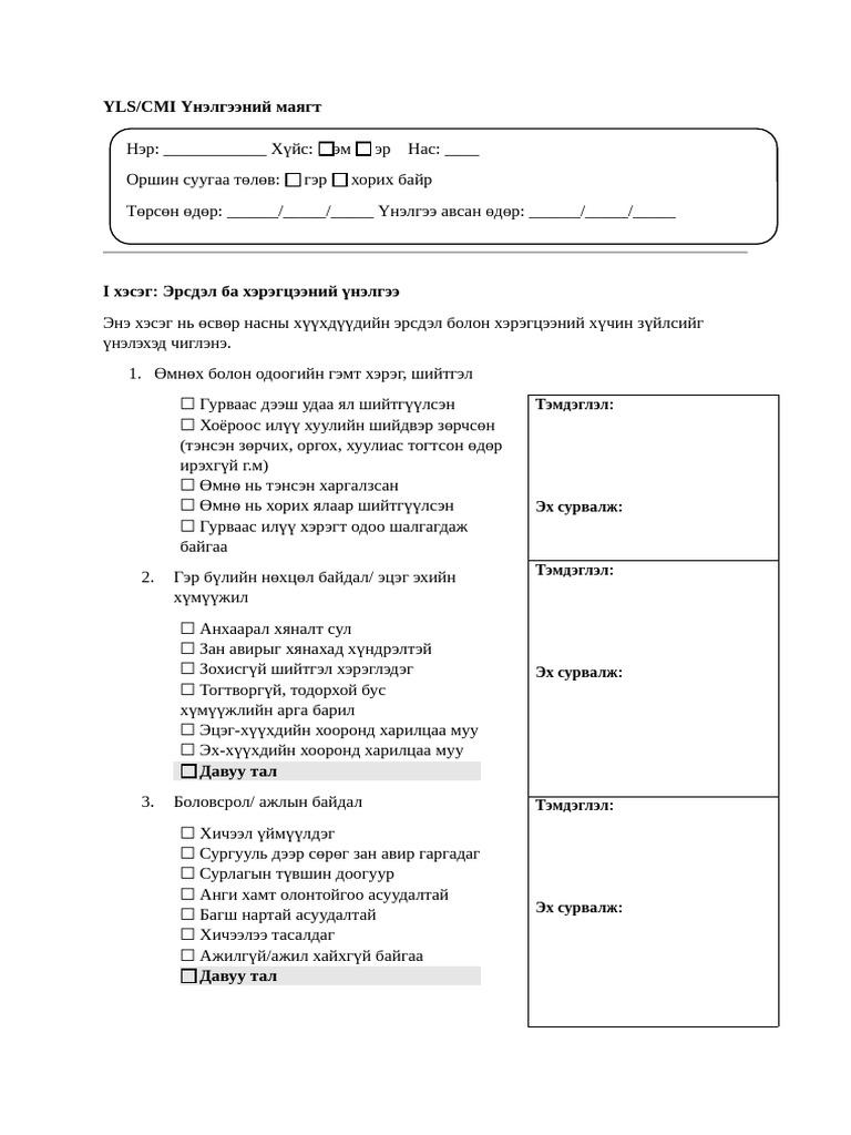 YLS үнэлгээний маягт | PDF