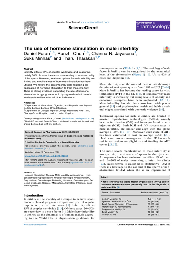 The Use of Hormone Stimulation in Male Infertility | PDF