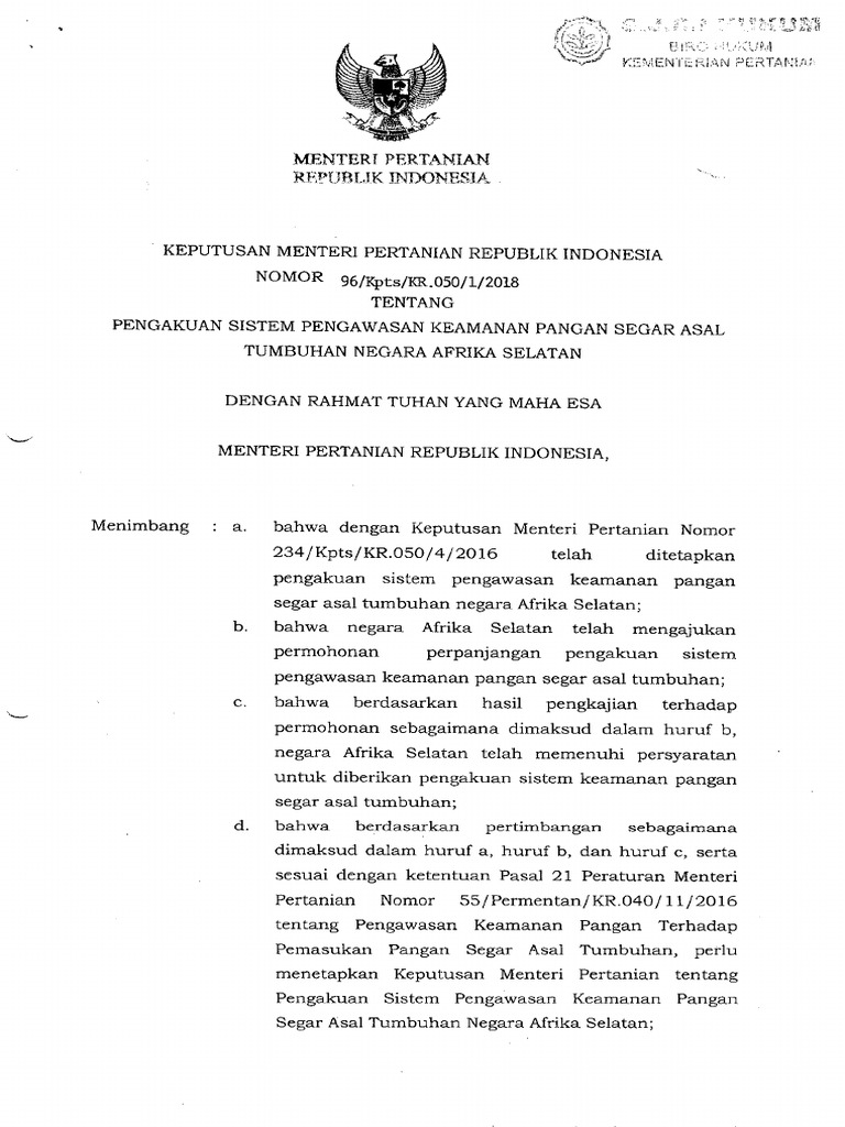 Kepmentan Nomor 96 Tahun 2018 Afrika Selatan | PDF