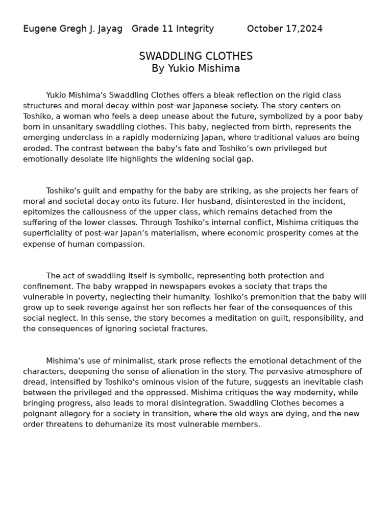 Swaddling Clothes by Yukio Mishima: Eugene Gregh J. Jayag Grade 11 ...