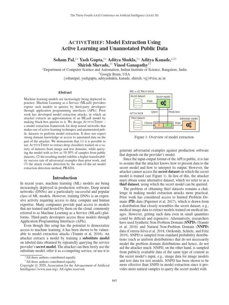 AAAI'20 ACTIVETHIEF Model Extraction Using Active Learning and Unannotated Public | PDF