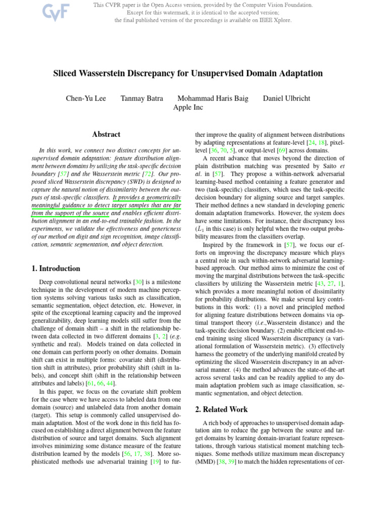 CVPR'19 - Sliced Wasserstein Discrepancy For Unsupervised Domain Adaptation | PDF