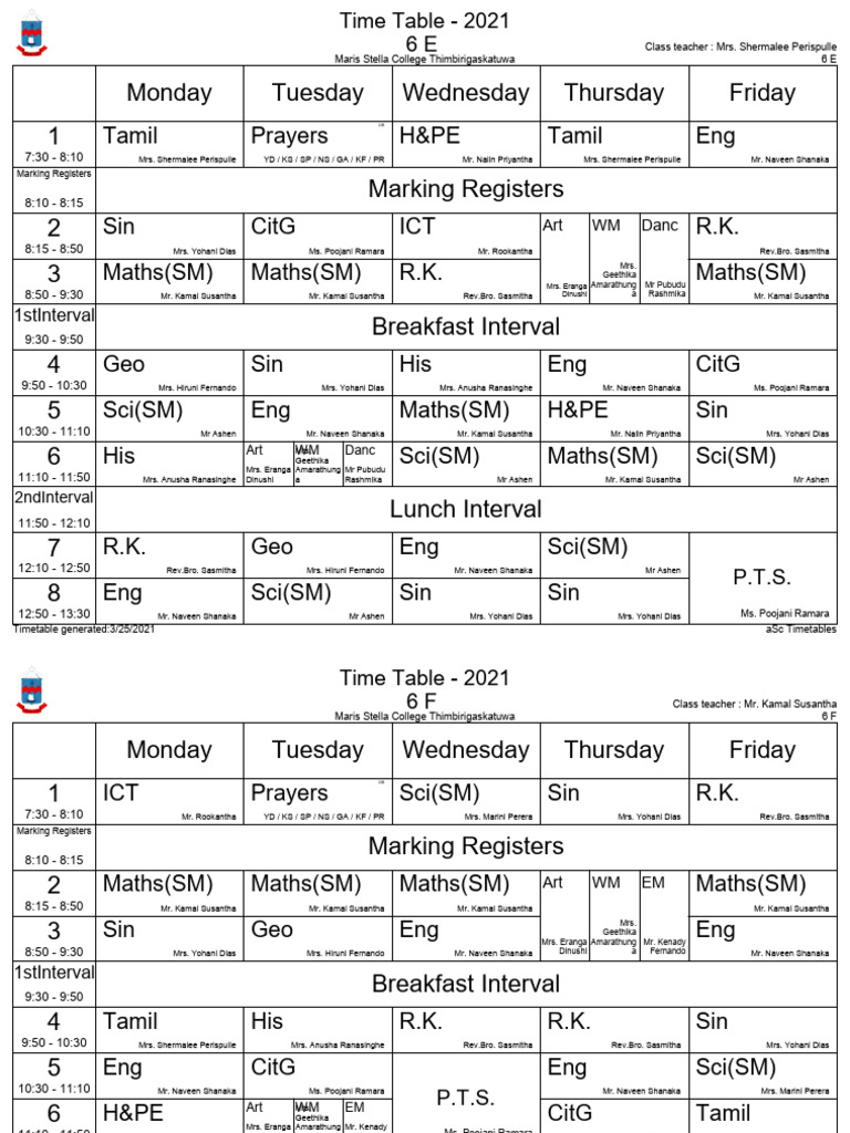Class Time Tables Pdf