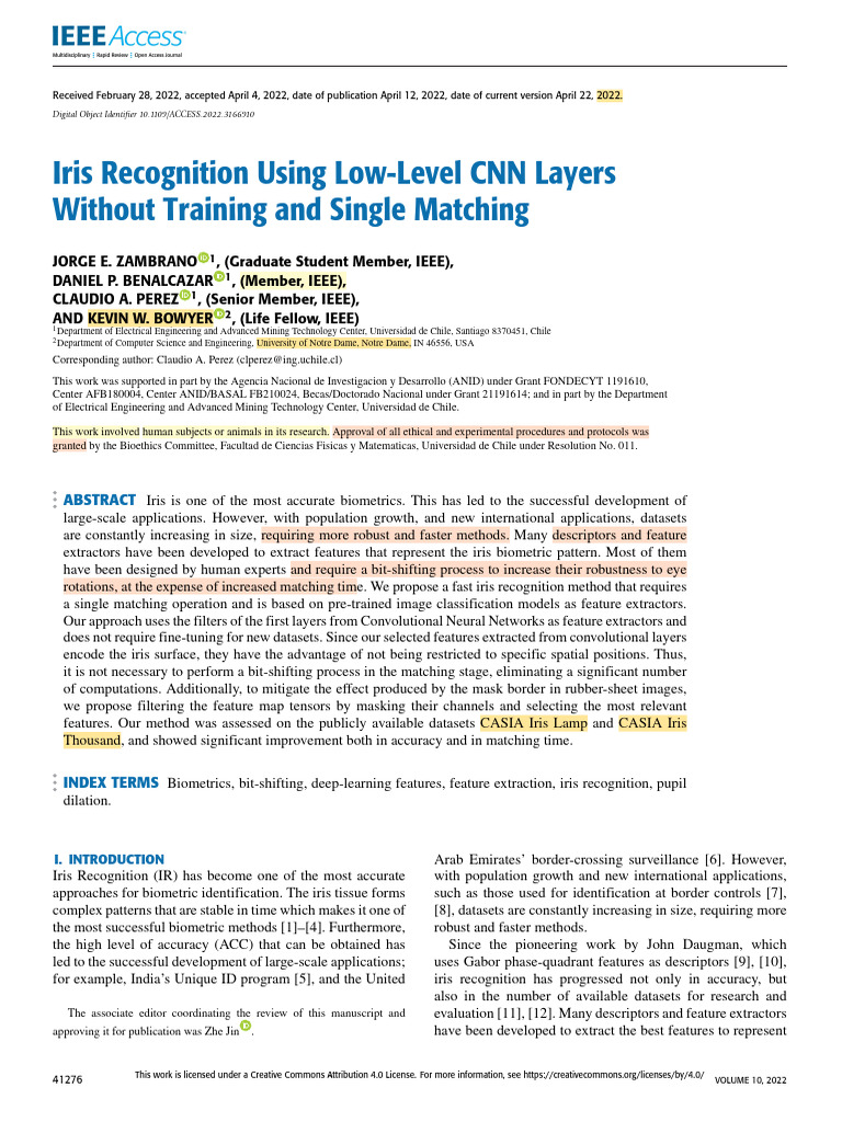 Iris Recognition Using Low-Level CNN Layers Without Training and Single Matching | PDF