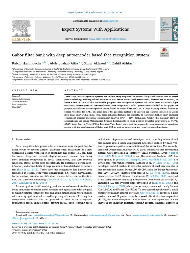 Gabor Filter Bank With Deep Autoencoder Based Face Recognition System | PDF