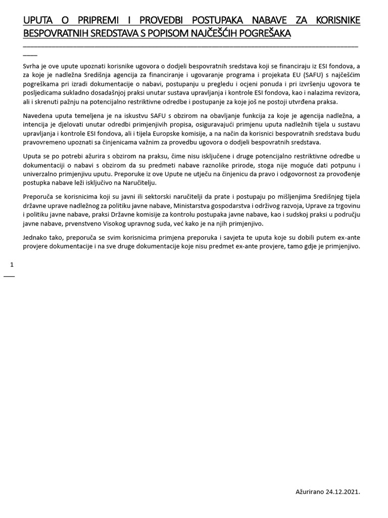 Najcesce Pogreske Kod Javne Nabave SAFU-24.12.2021 | PDF