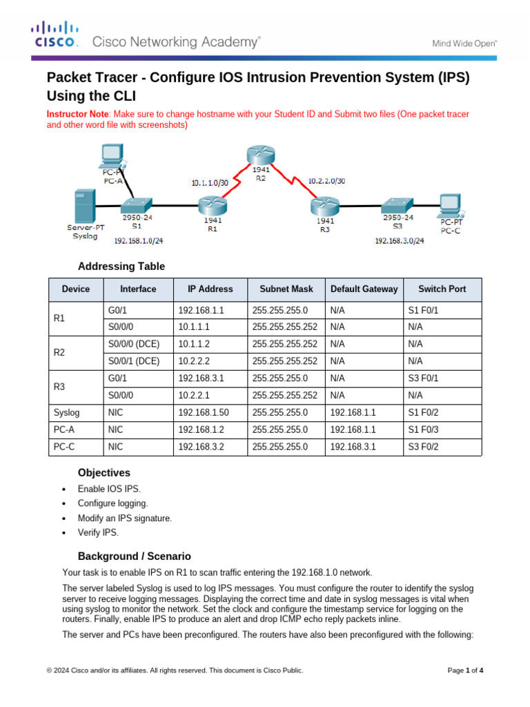 IPS-5.4.1.2 Packet Tracer - Configure IOS Intrusion Prevention System (IPS) Using CLI - Student ...
