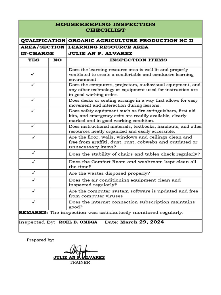 Alvarez Oap NC II Uc1 Lo3 MTF Housekeeping Inspection Checklist | PDF