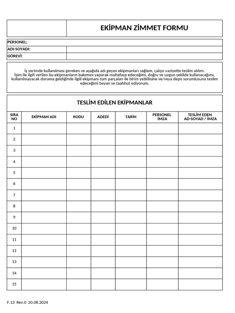 Ekipman Zimmet Formu | PDF