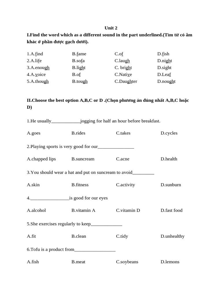 BT unit 2 Anh 7 | PDF