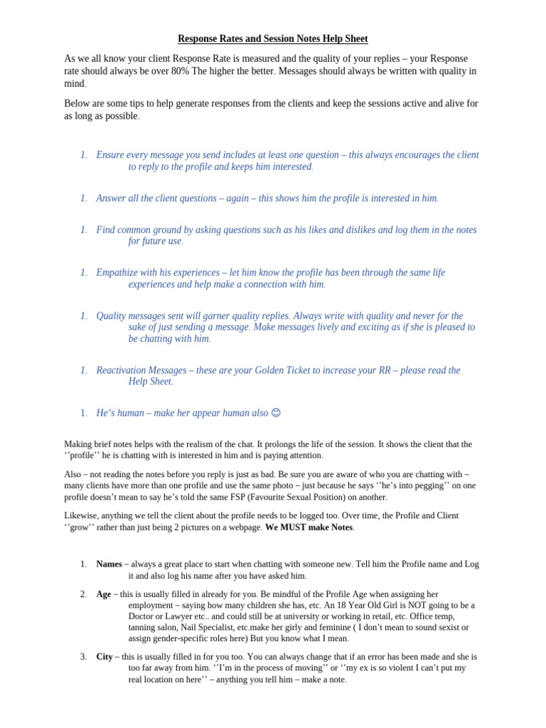 Response Rates and Session Notes Help Sheet | PDF