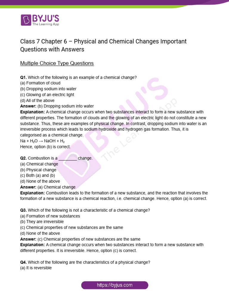 Chapter 6 Physical and Chemical Changes Important Questions | PDF
