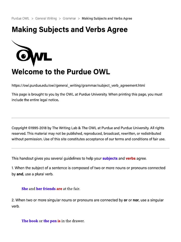 Subject - Verb Agreement - Purdue OWL® - Purdue University | PDF