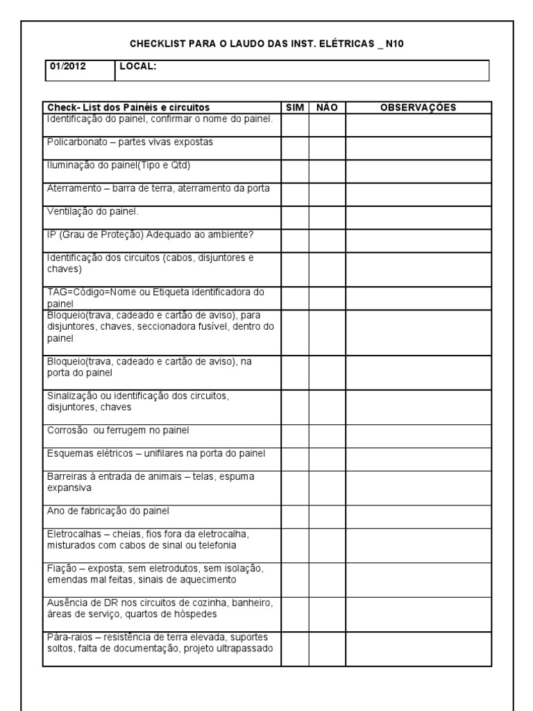 Quadros Elétricos e Circuitos-checklist