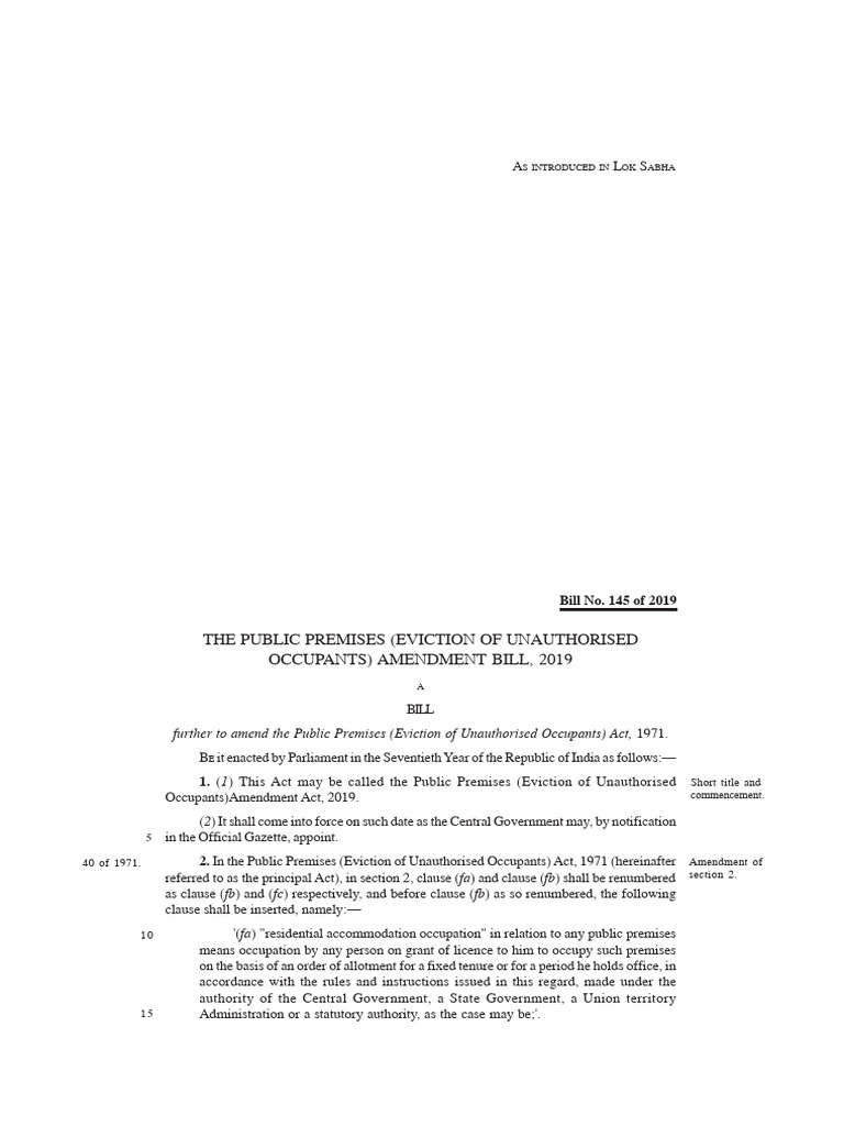 The Public Premises (Eviction of Unauthorised Bill Text | PDF