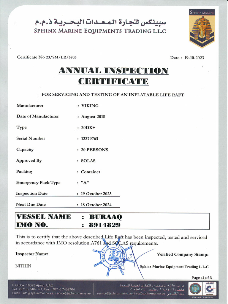 Life Raft 3 Inspection Report - 22.10.2024 | PDF