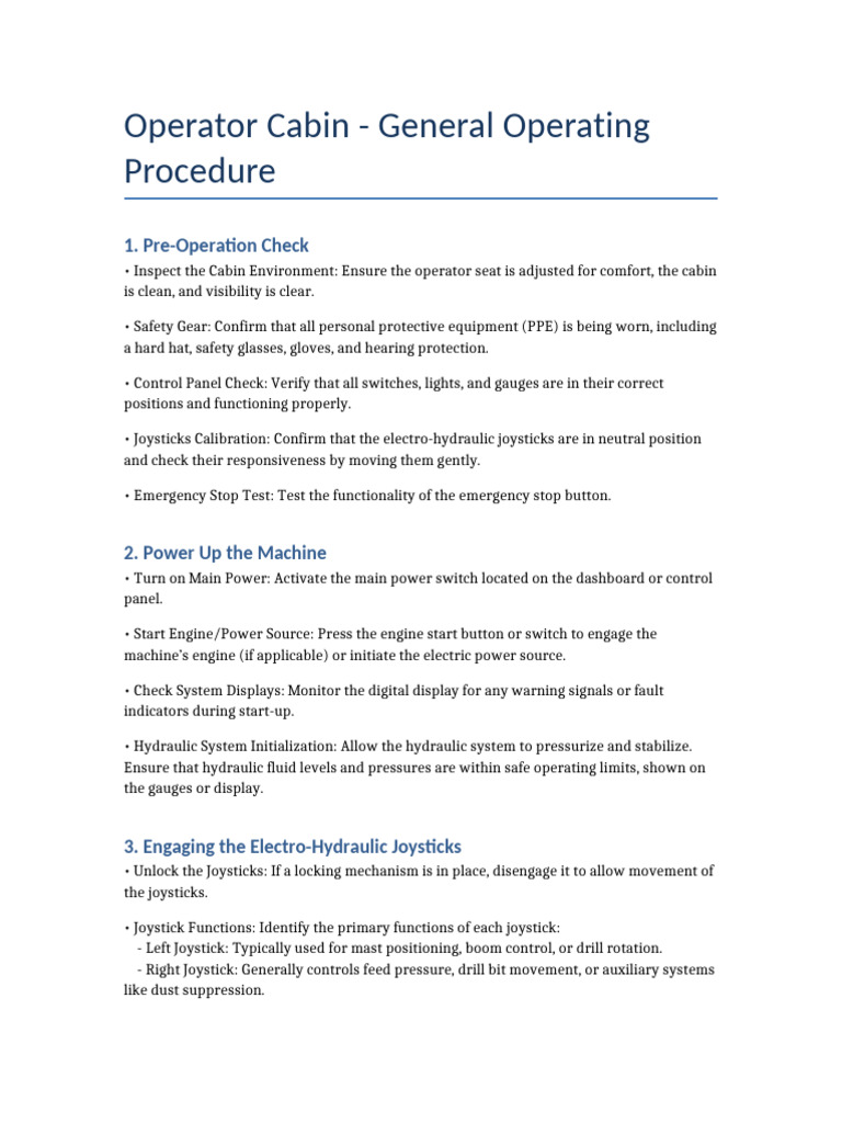 Operator Cabin Operating Procedure | PDF