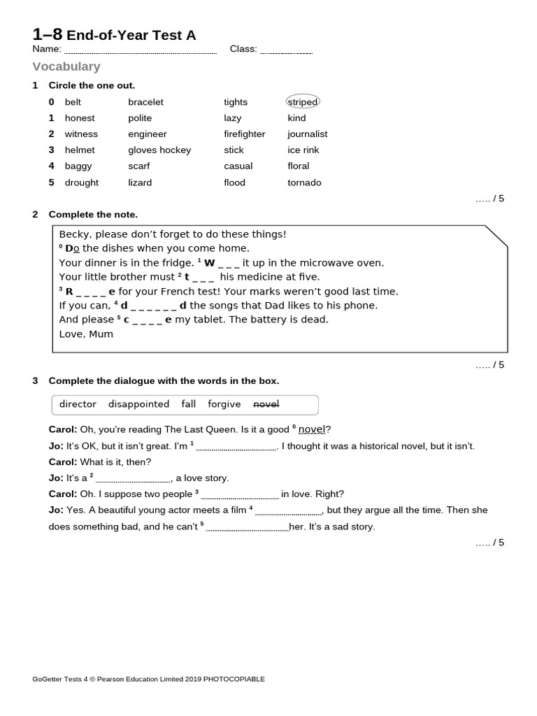 End of Year Test 1 8 A Word | PDF