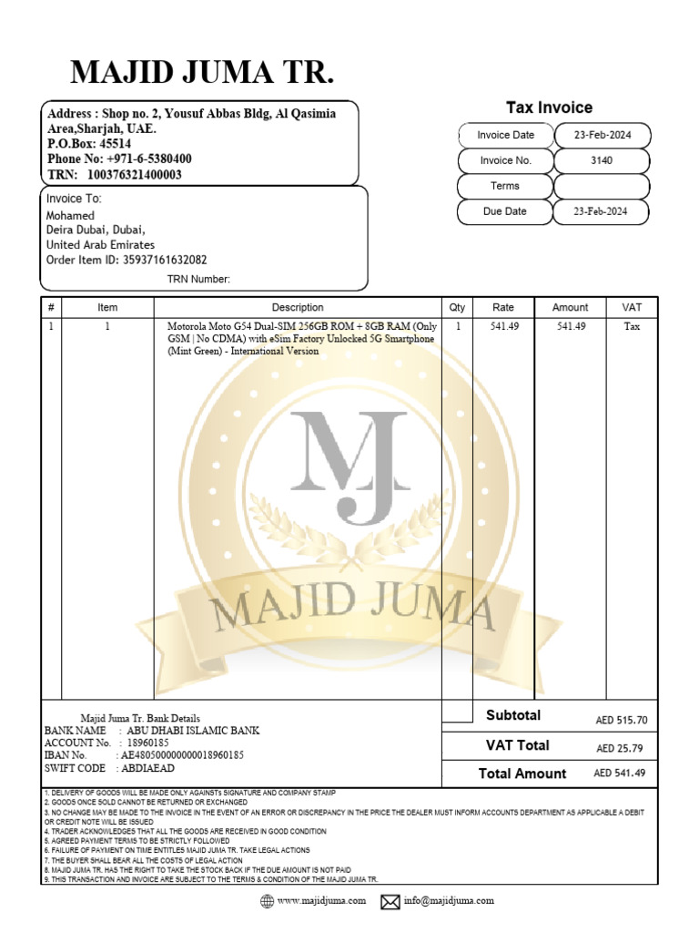Majid Juma TR.: Tax Invoice | PDF