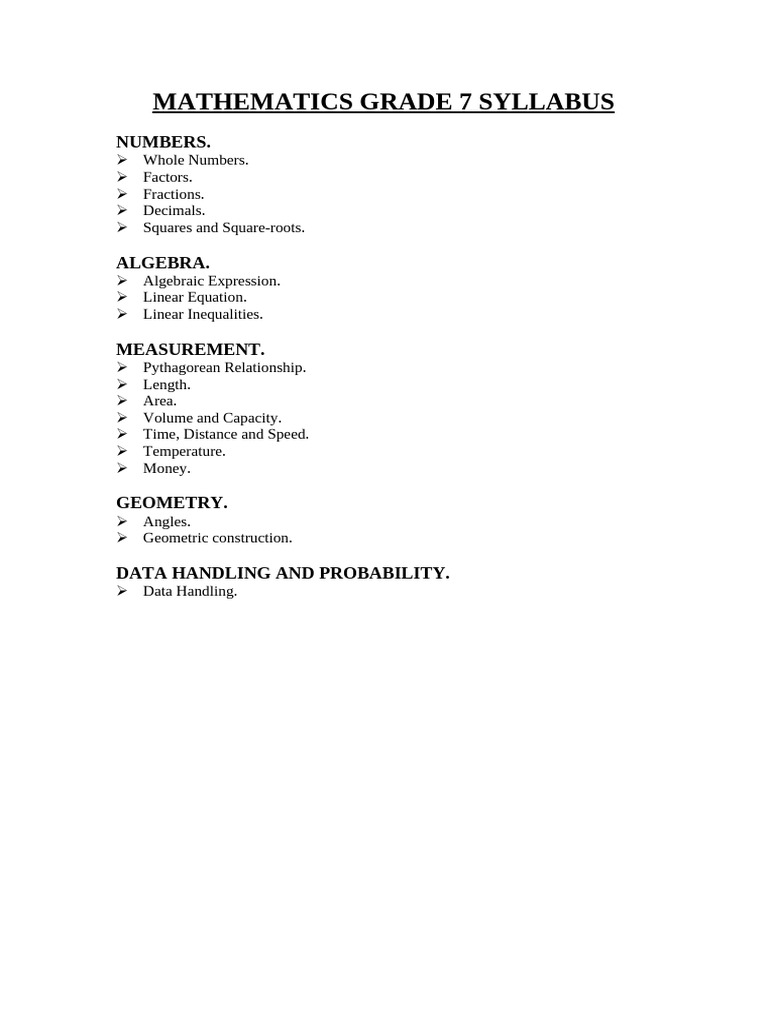 Mathematics Grade 7 Syllabus | PDF