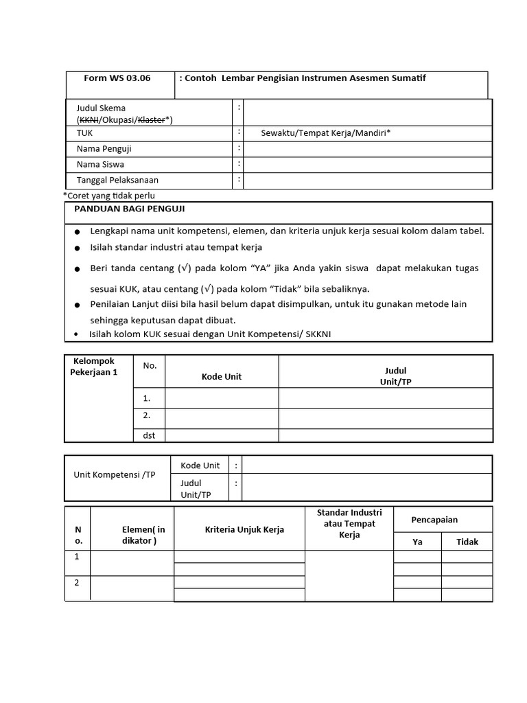Form LK WS.03.06. Contoh Format Lembar Pengisian Instrumen Asesmen ...