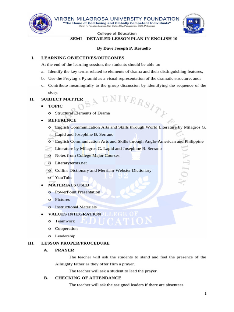Grade 10 Elements of Drama SDLP Resuello Dave Joseph P. | PDF